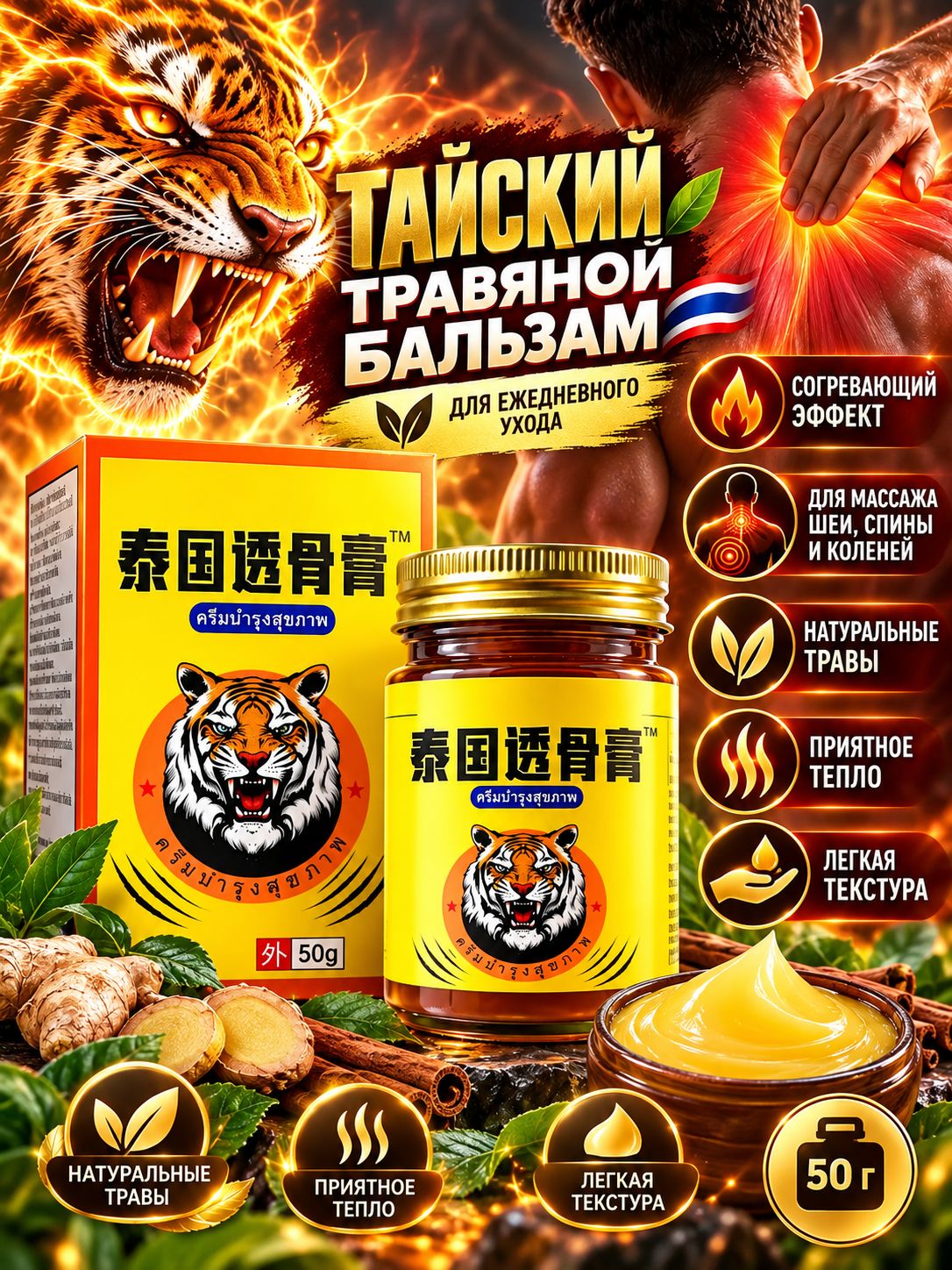 Тайский массажный бальзам для тела с травяными экстрактами, для мышц и суставов, 50 г