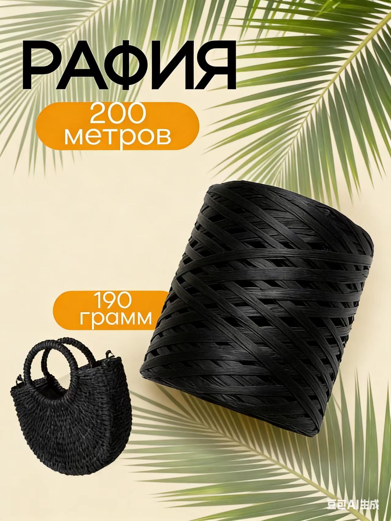 Рафия для вязания сумок, шляп, натуральная, пряжа рафия 220 г