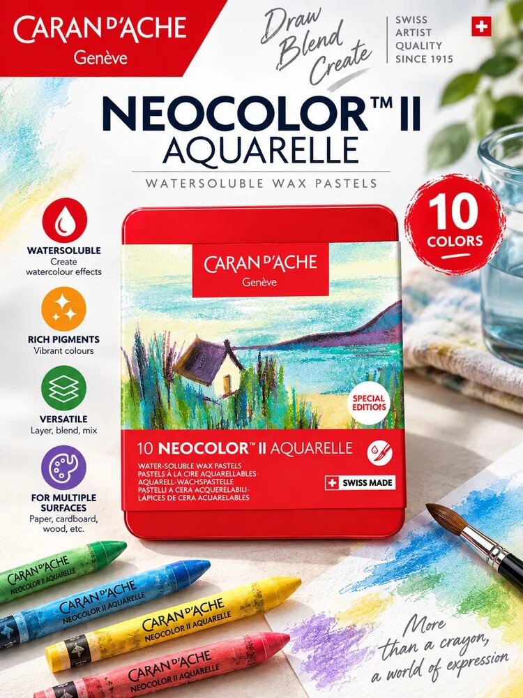 Caran d'Ache Neocolor II Aquarelle Пастель водорастворимая восковая, 10 цветов