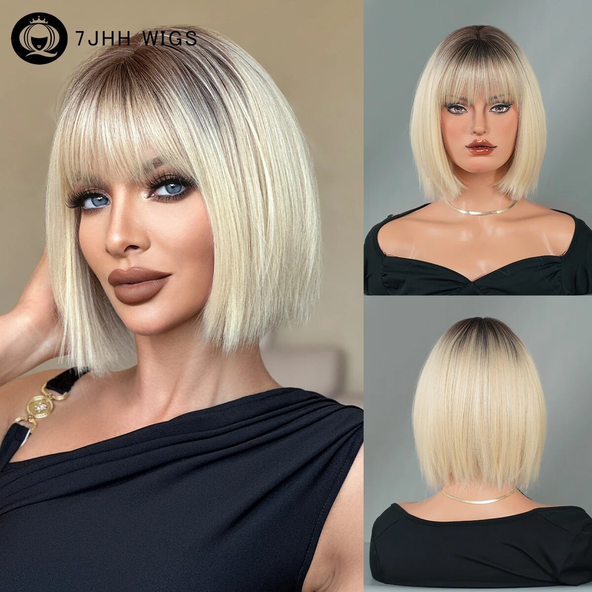 7JHH WIGS Короткий прямой светлый парик для женщин, синтетический, термостойкий, модный, готовый к ношению, парик-каре с темн.
