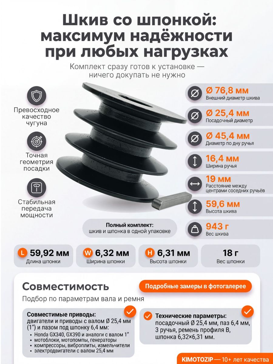 Шкив чугунный со шпонкой, 3 ручья, посадка 25,4 мм, наружный диаметр 76,8 мм, тип ремня B