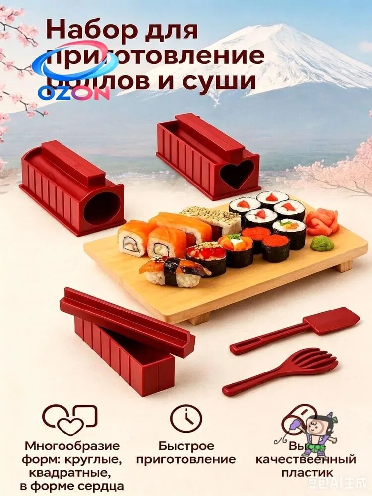 Набор для приготовления суши - роллов в домашних условиях полная комплектация формы красный
