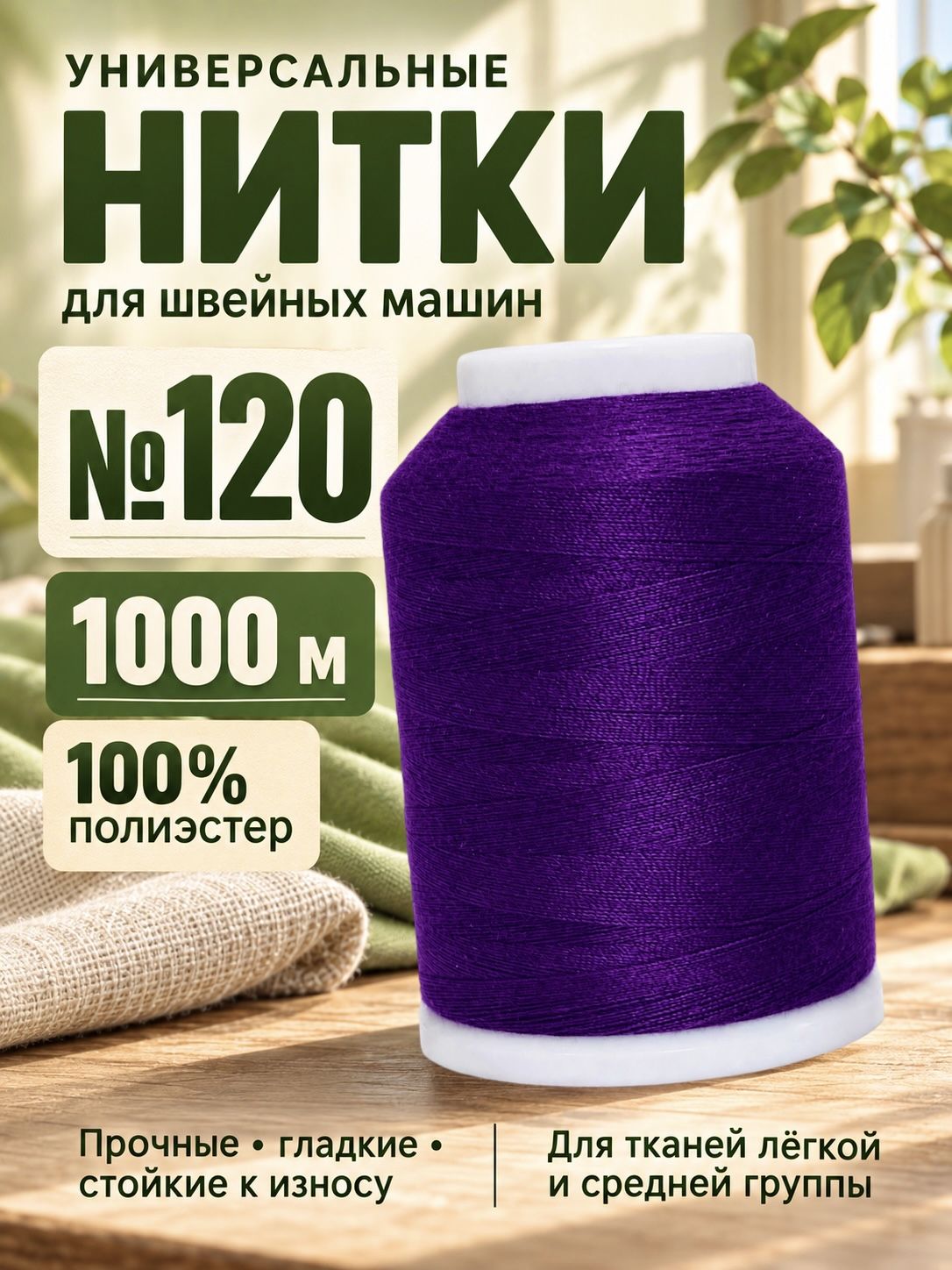 Фиолетовые нитки для швейных машин №120 универсальные, полиэстер