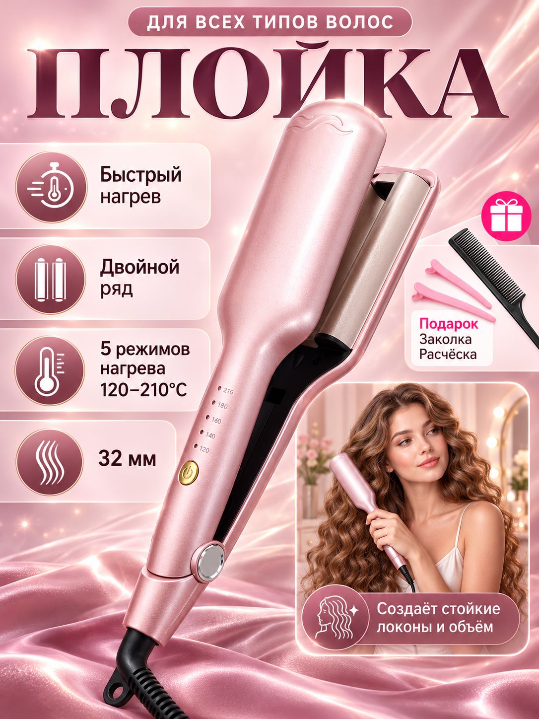 Плойка волна для локонов крупная для волос 32мм, щипцы для завивки волос с керамическим покрытием