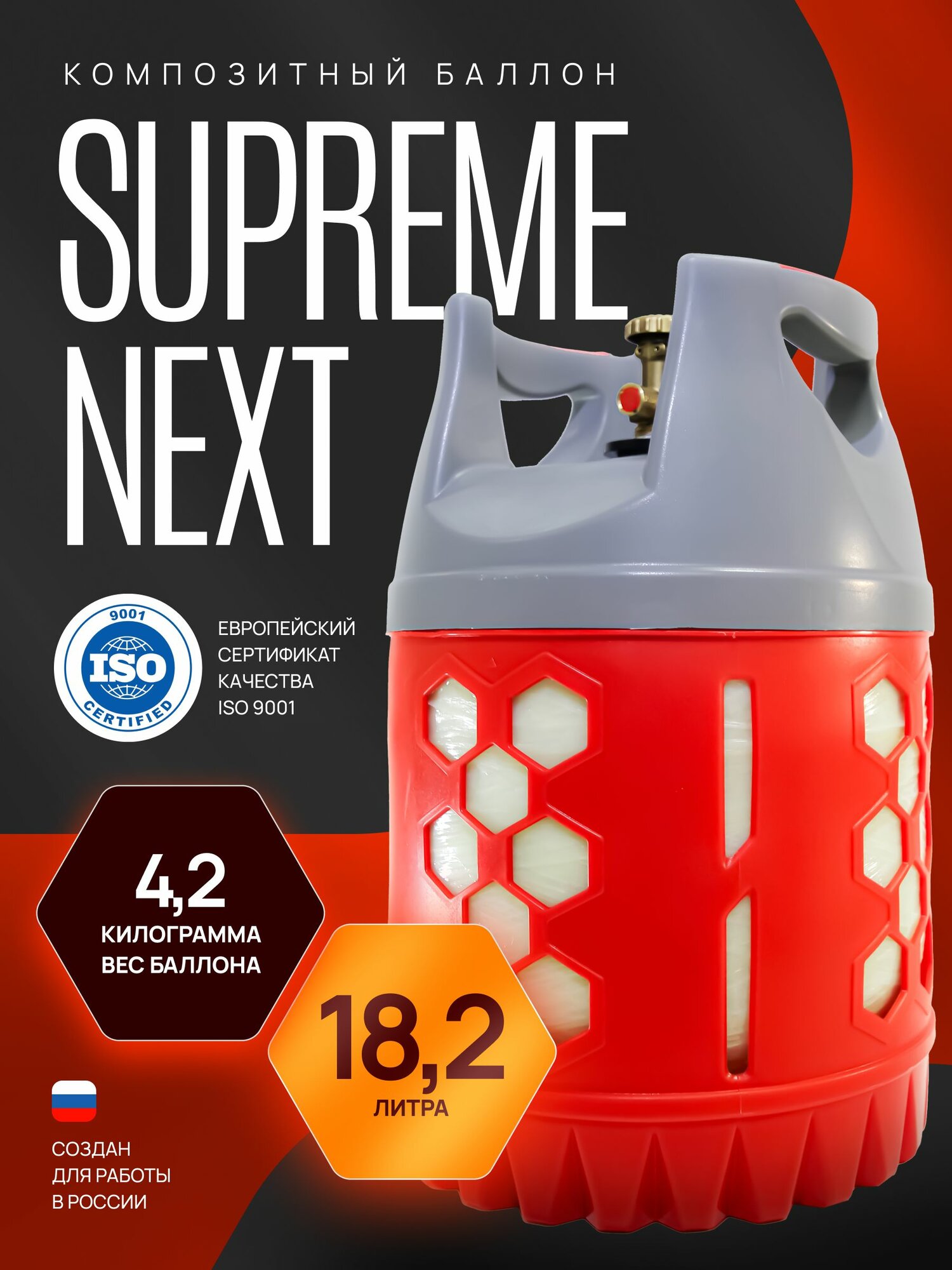 Композитный газовый баллон бытовой Supreme NEXT 18,2 л. (пустой) - безопасный вентиль