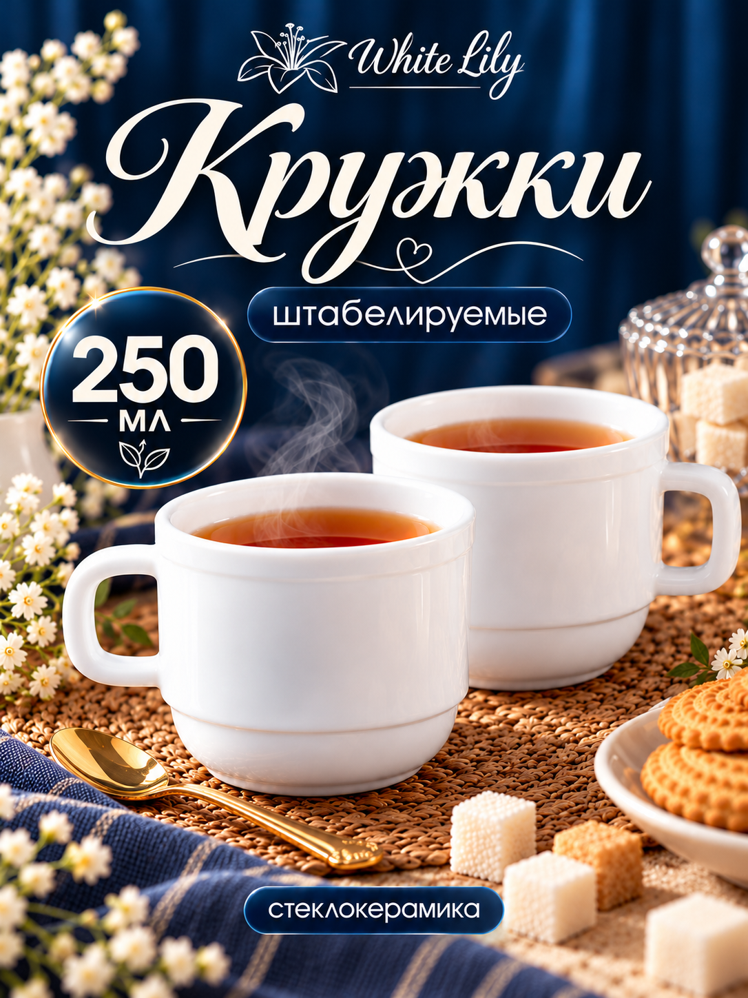 Кружка белая 250 мл 2 шт из стеклокерамики штабелируемая кружка для чая и кофе
