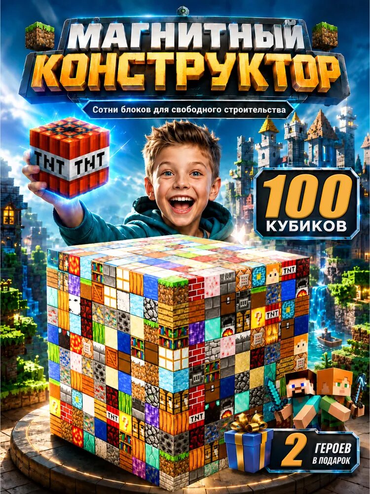 Магнитный конструктор Майнкрафт, 100 деталей (магнитные кубики для детей, развивающий 3D набор Minecraft, подарок мальчику и девочке)