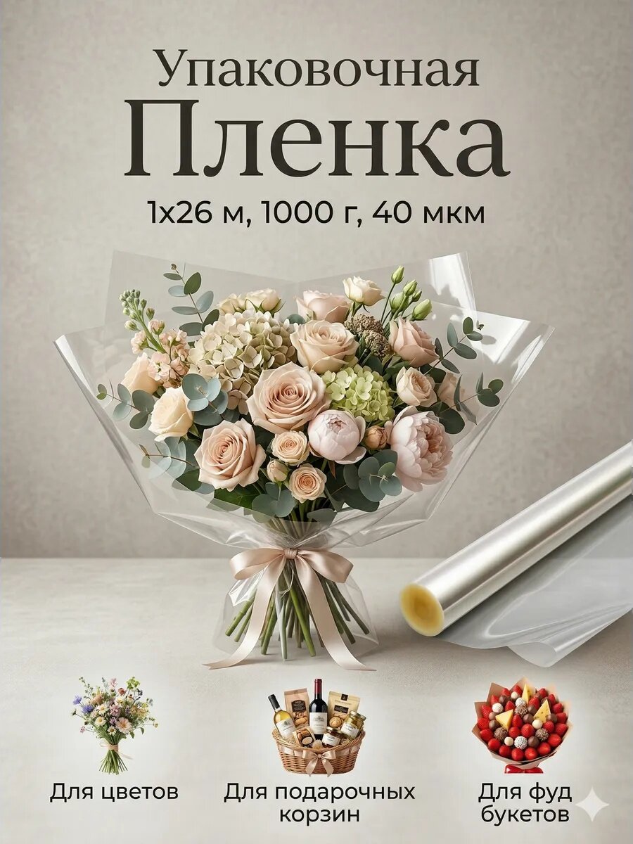 Упаковочная плёнка для цветов прозрачная 1 х 26 м, 1000 г, 40 мкм, полипропилен