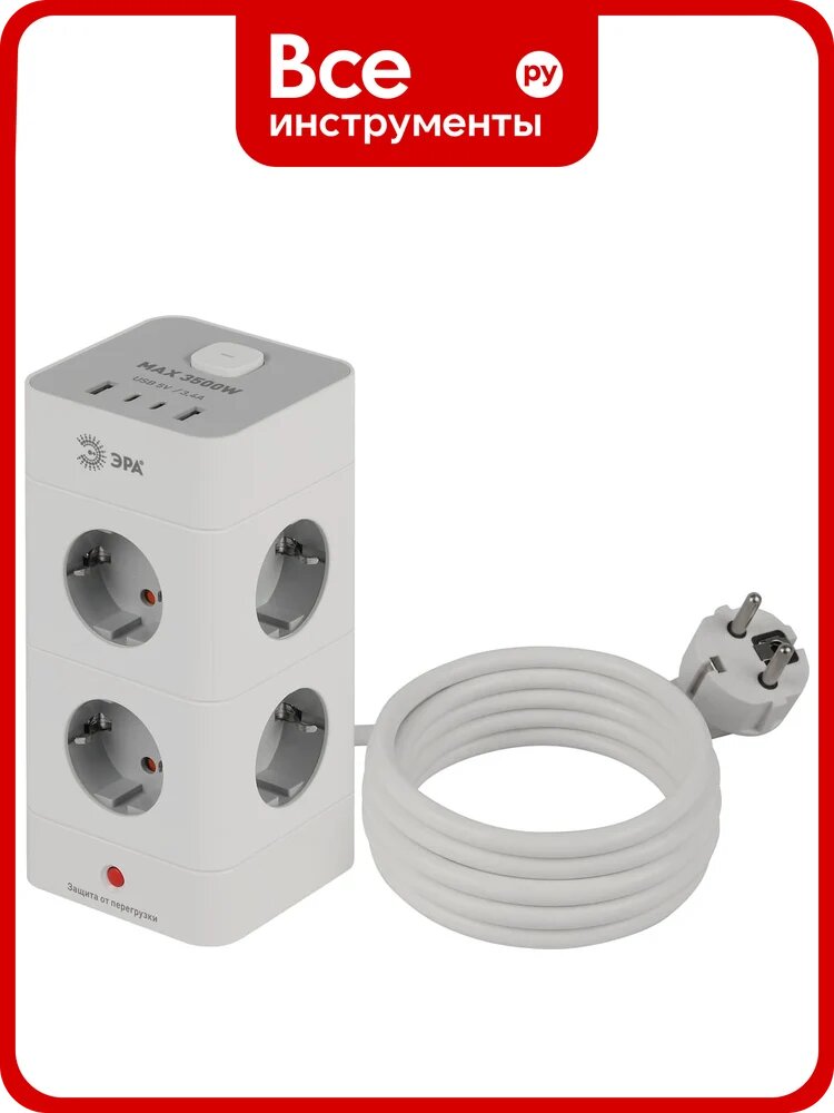 Сетевой фильтр ЭРА TWR-8es-1,5m-4USB-W башня с защитой заземлением с выключателем 8 розеток+4xUSBA+C 1,5м 16А белый Б0069071