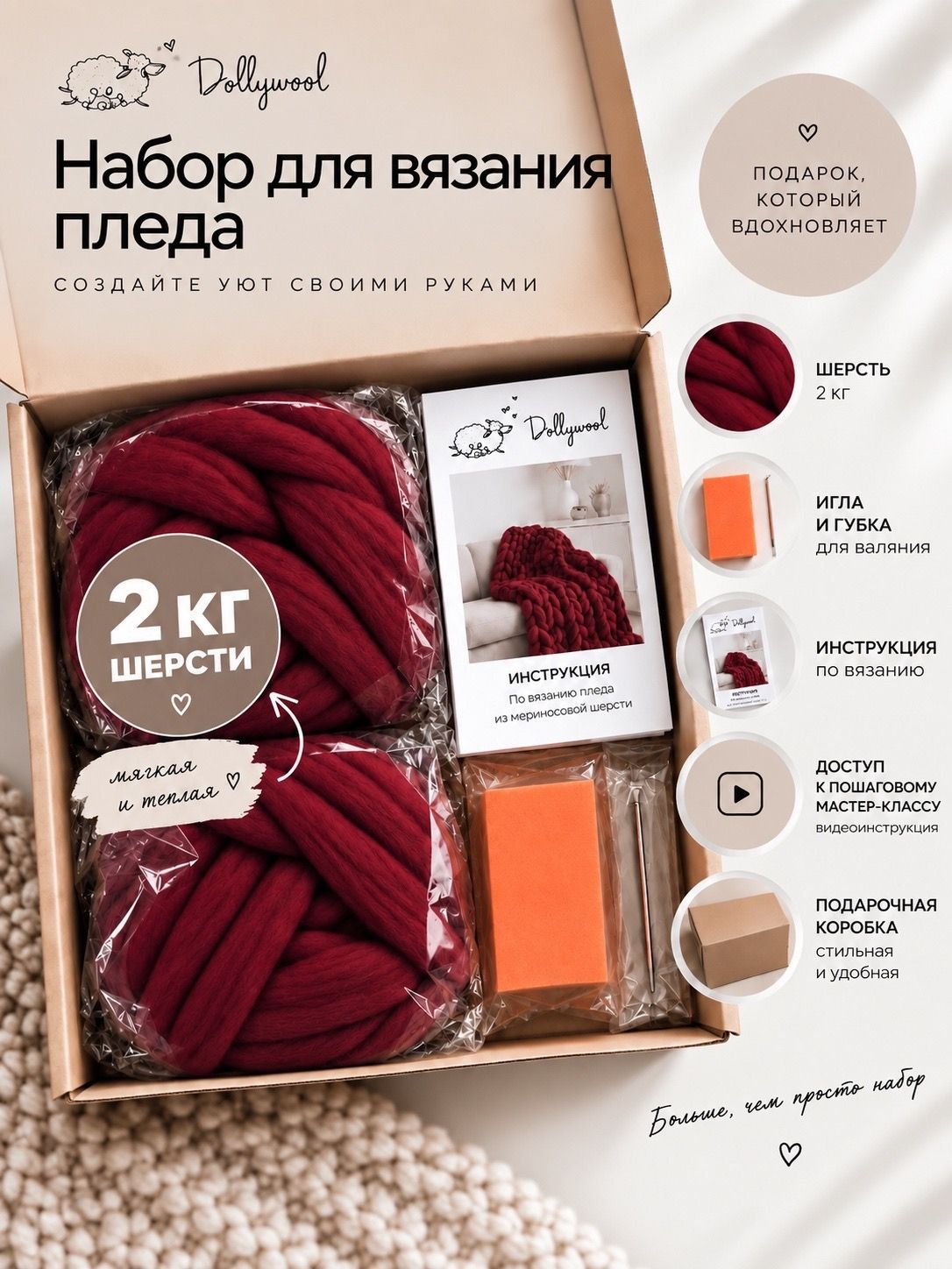 Подарочный набор для вязания пледа крупной вязкой толстая пряжа, инструкция, уют своими руками