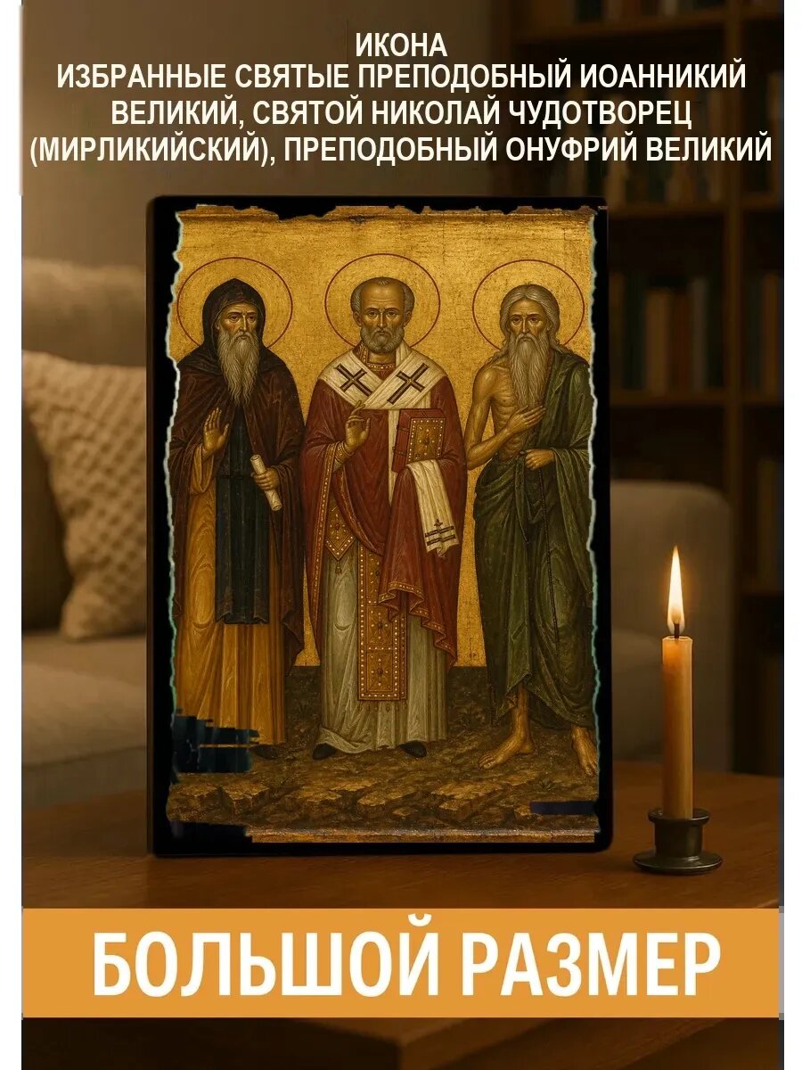 Икона Избранные святые: Иоанникий, Николай, Онуфрий, на дереве