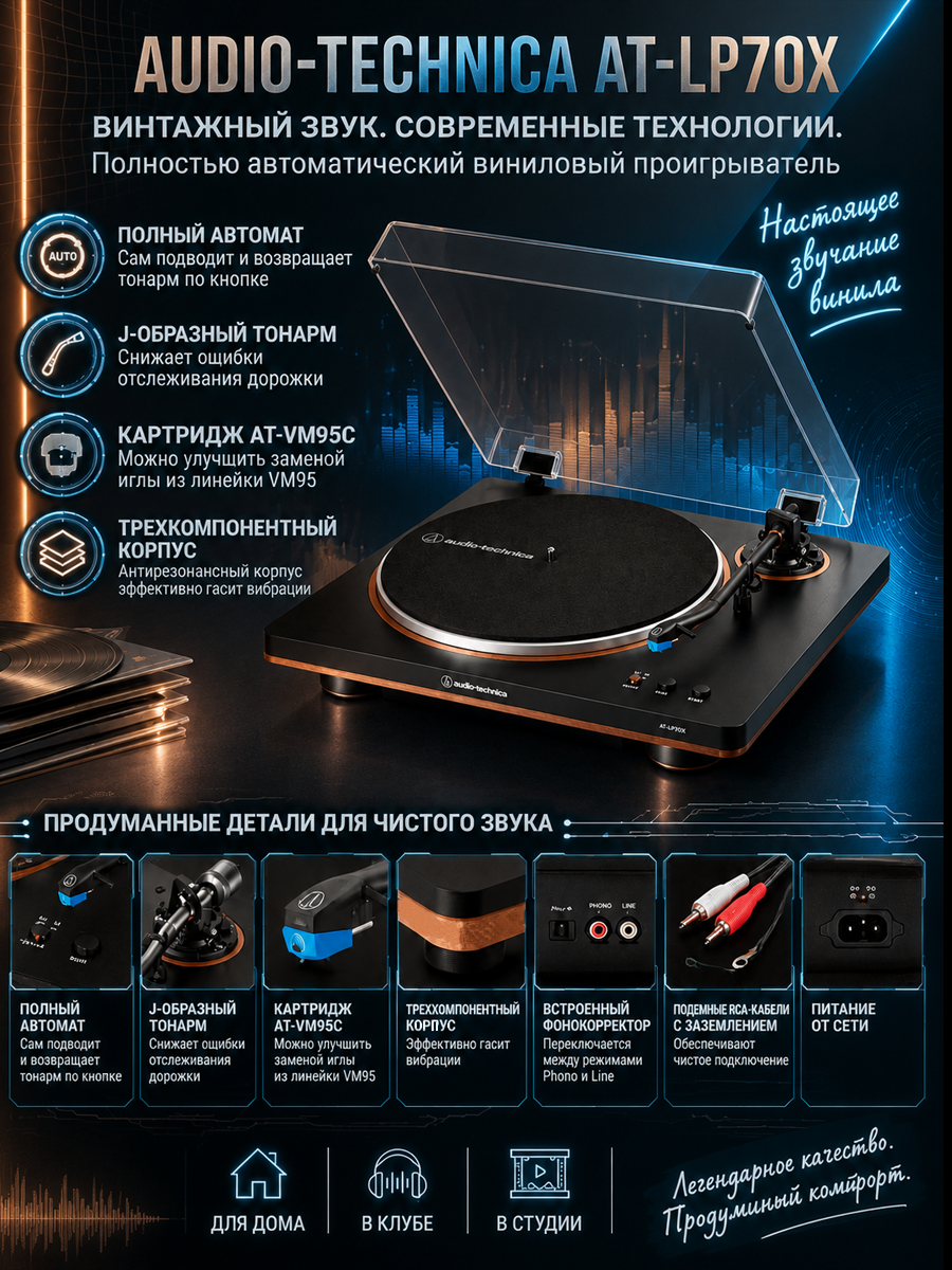 Проигрыватель виниловых дисков Audio-Technica AT-LP70X-BZ, встроенный фонокорректор, ременной привод, черный/бронза