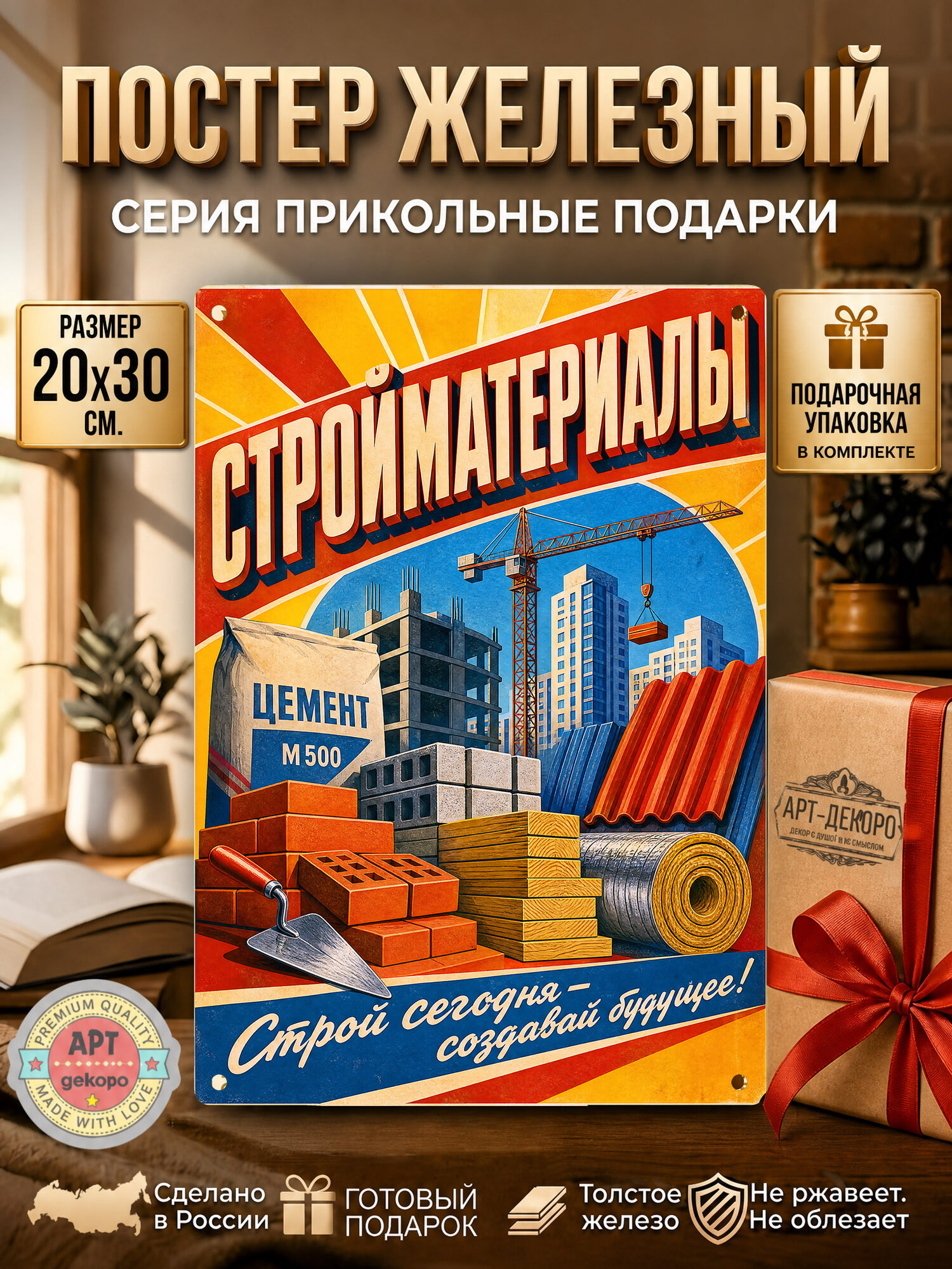 Стройматериалы - табличка металлическая декоративная, интерьерный постер вывеска для бизнеса и дома 20х30 см