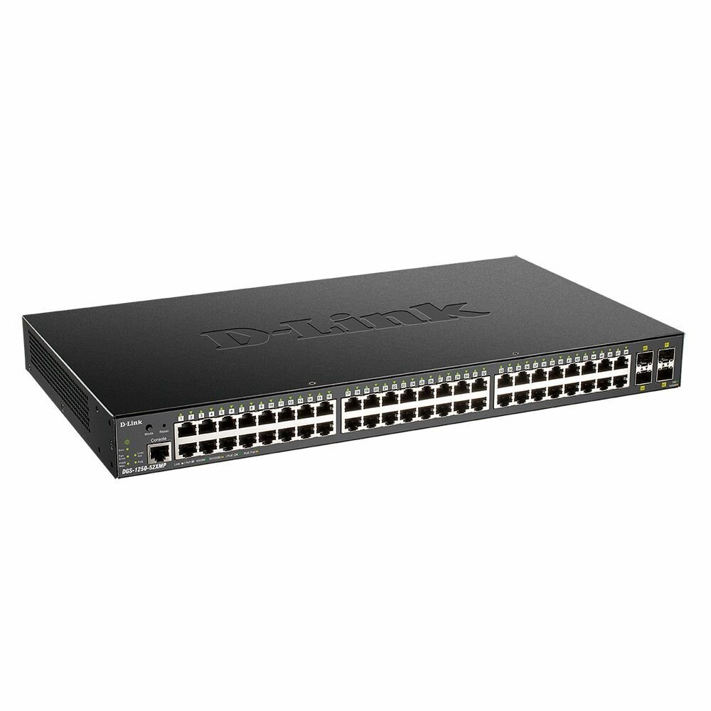 D-Link DGS-1250-52XMP/A1A, L2 Smart Switch with 48 10/100/1000Base-T ports and 4 10GBase-X SFP+ ports (48 PoE ports 802.3af/802.3at (30 W), PoE Budget 370W).16K Mac address, 802.3x Flow Control, 4K