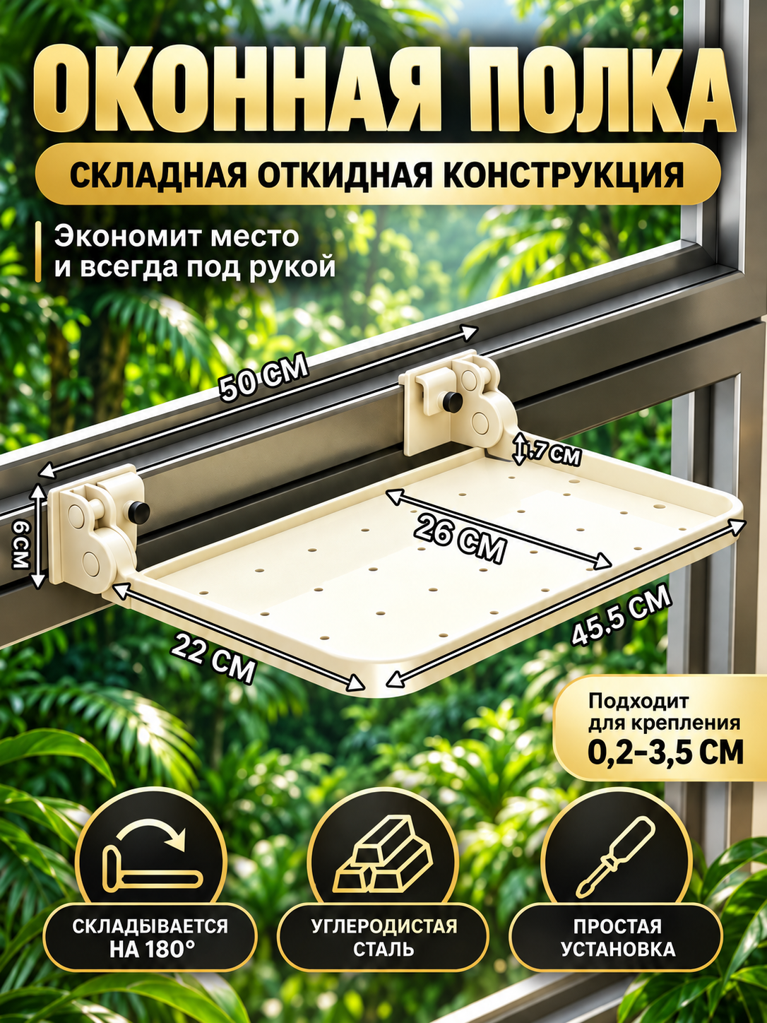 Оконная полка складная откидная, крепится на раму окна, экономит место, простая установка для цветов и мелочей