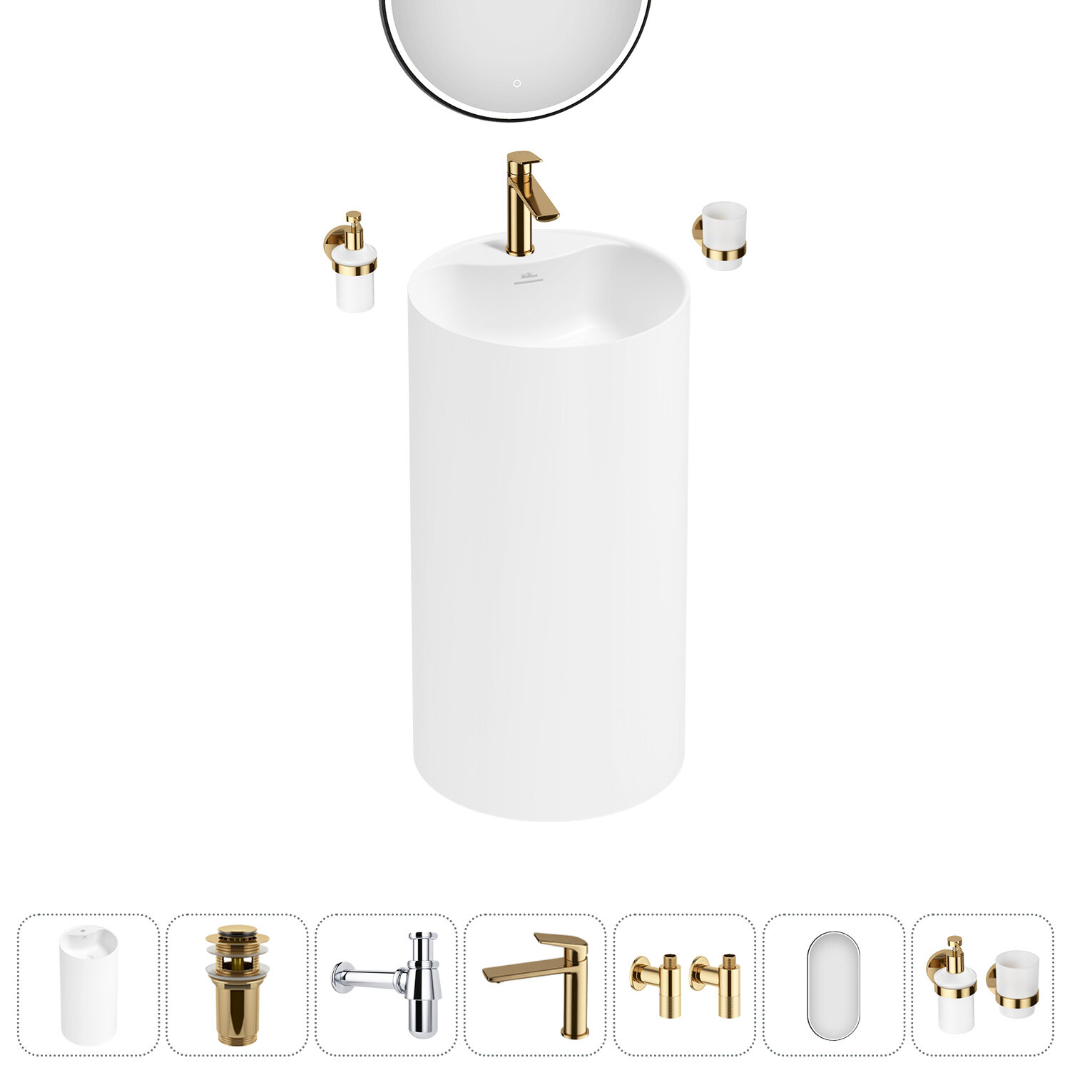 Круглая напольная раковина для ванной Wellsee Chalice Perfection 20220071R в наборе 7 в 1: напольная отдельностоящая раковина моноблок в цвете матовый белый, донный клапан, сифон, смеситель, вентили, зеркало, аксессуары (цвет золото)