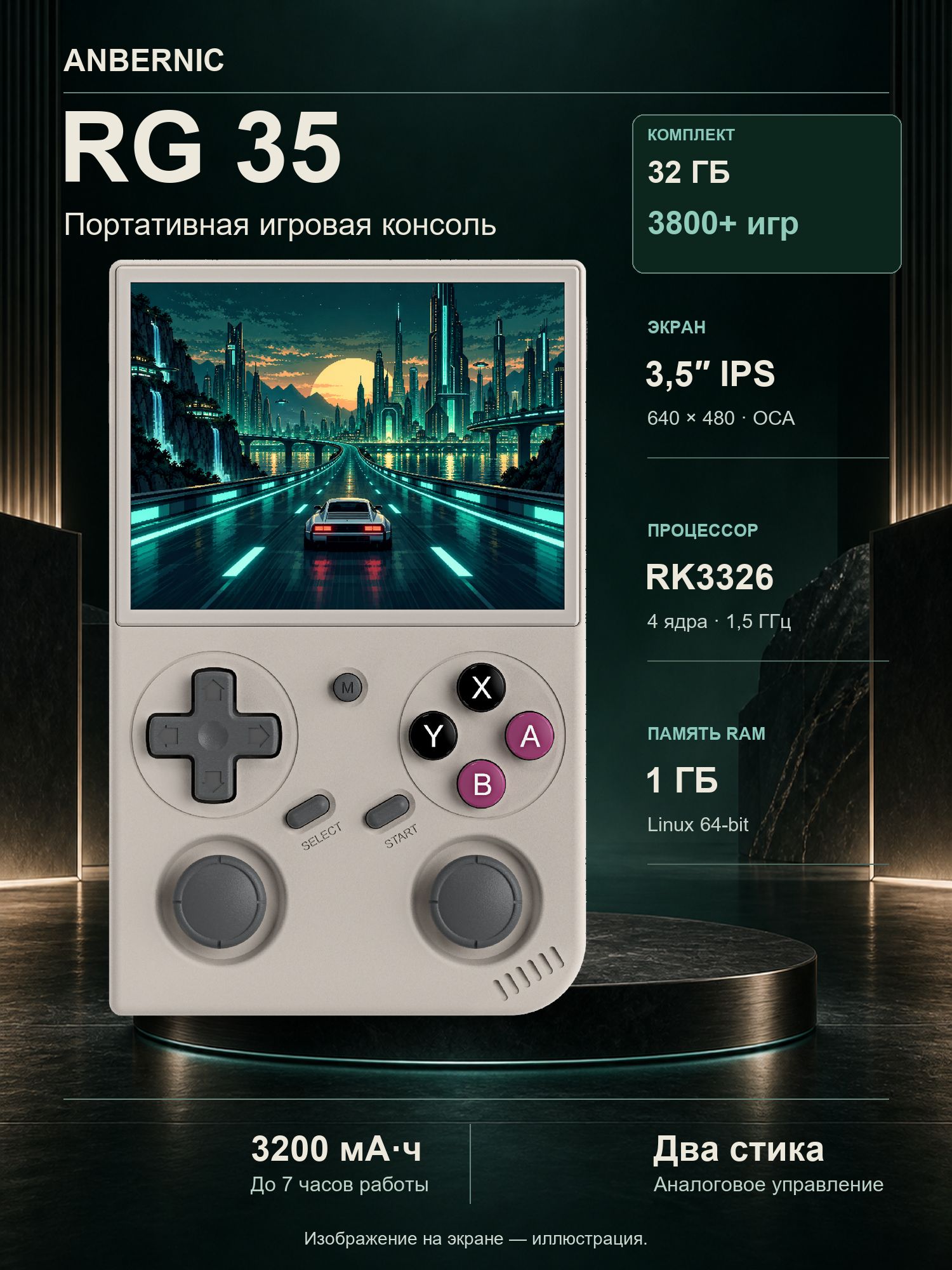 Игровая консоль ANBERNIC RG 35, 32 ГБ microSD, IPS 3,5″, серая