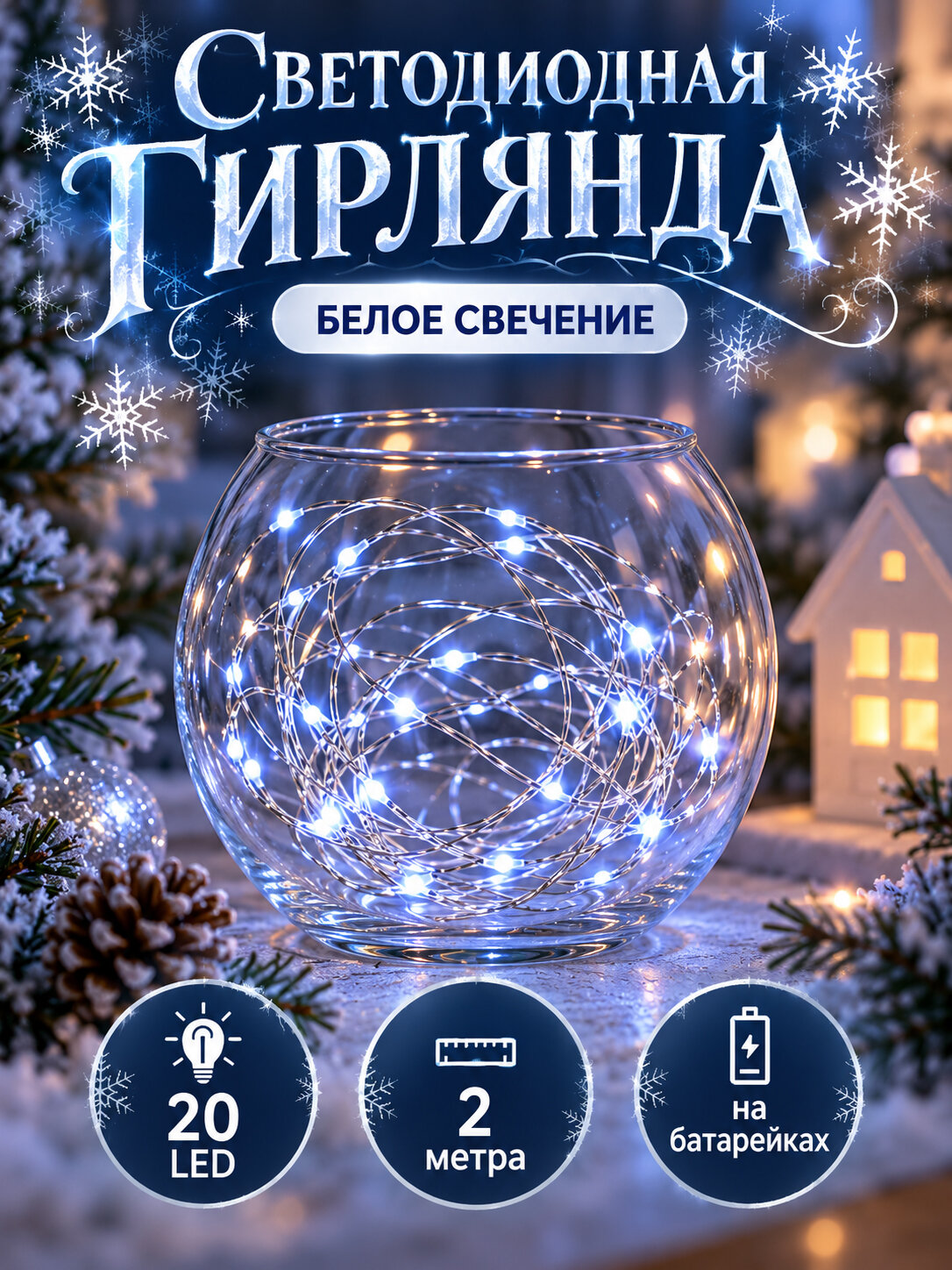Новогодняя светодиодная гирлянда роса 2 м, 20 led, на батарейках, свечение белое