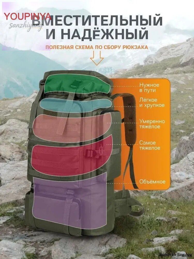 Рюкзак тактический туристический 80 литров, зеленый, с MOLLE и анатомической спинкой — фото 1