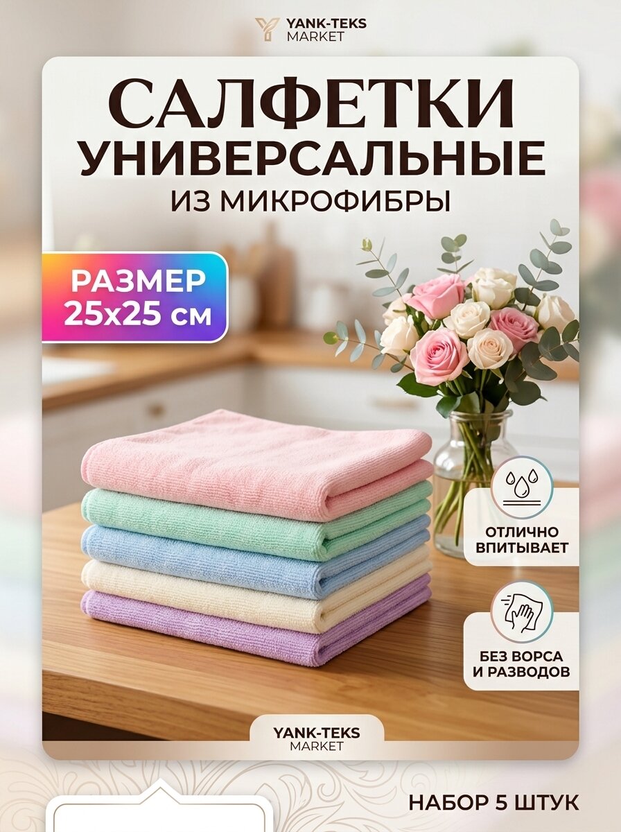 Салфетки для уборки из микрофибры тряпки для кухни, автомобиля и стекол, набор 5 шт, 25х25 см, Yank-Teks Market
