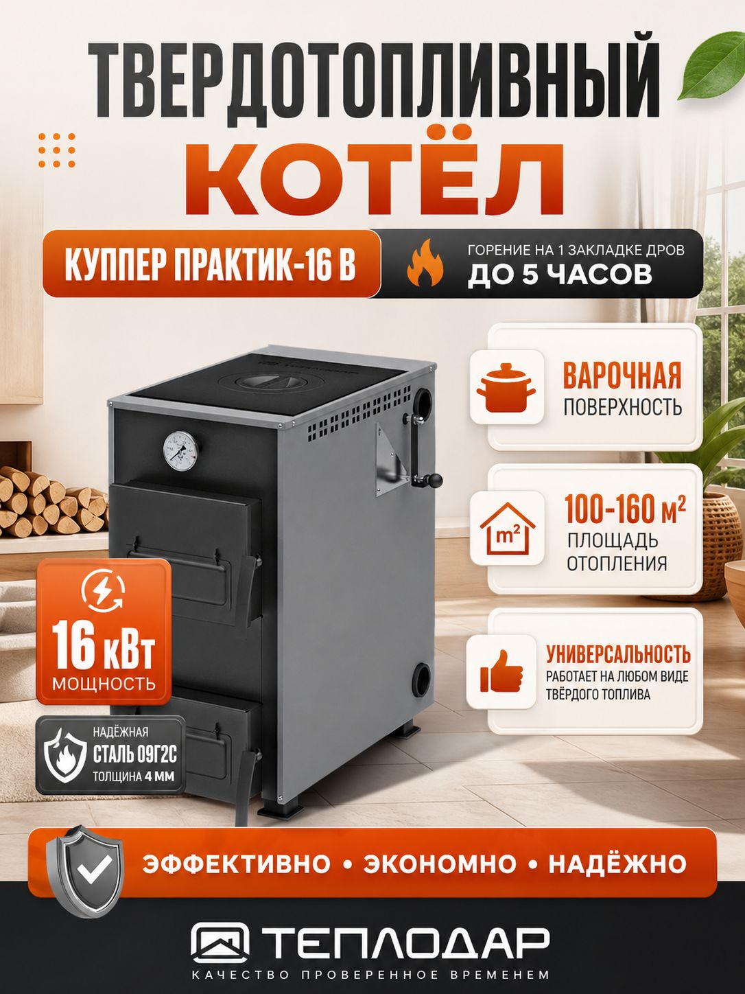 Котел твердотопливный Теплодар куппер ПРАКТИК-16 В