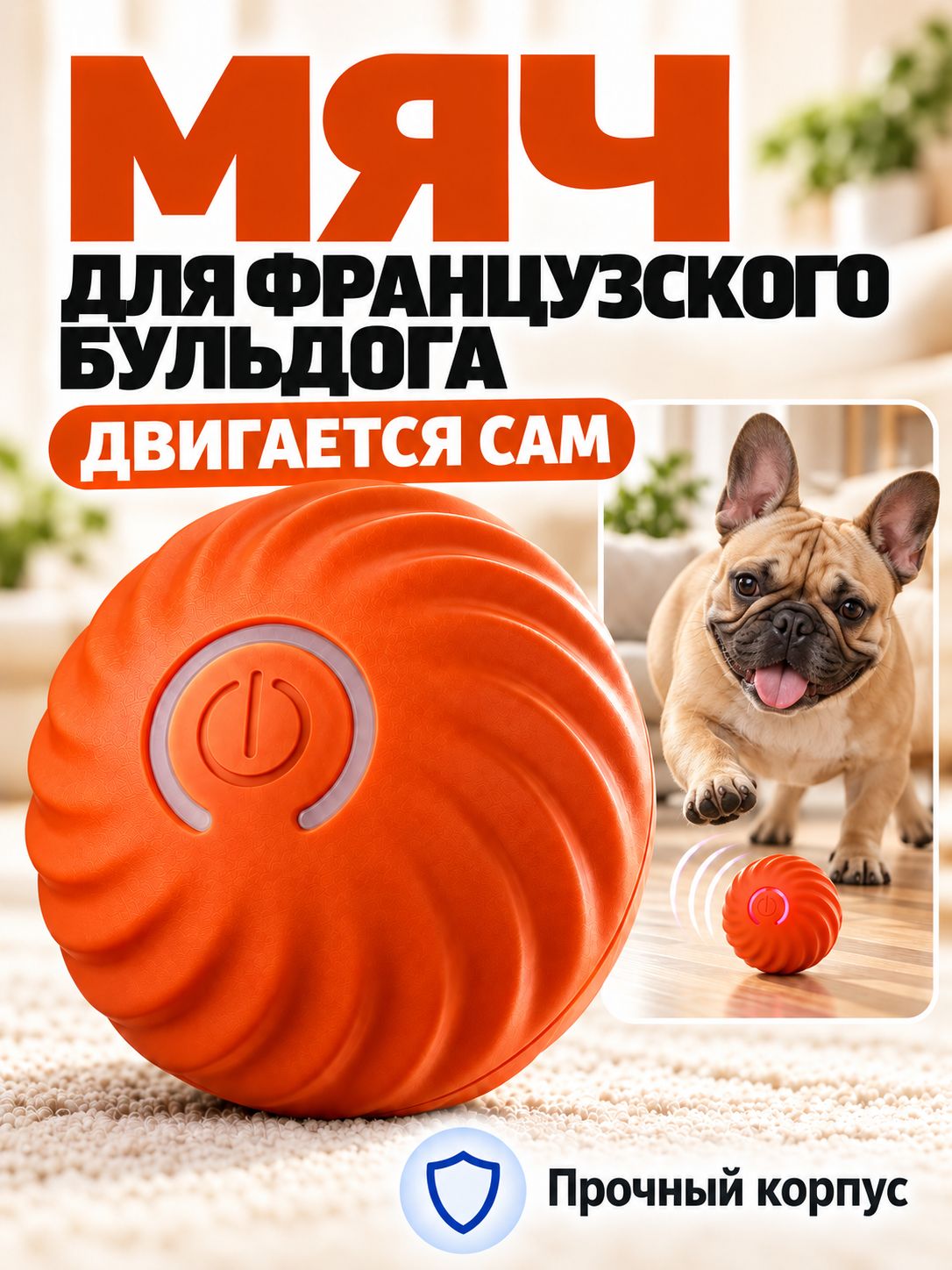 Игрушка для французского бульдога, самодвижущийся вибромяч, оранжевый
