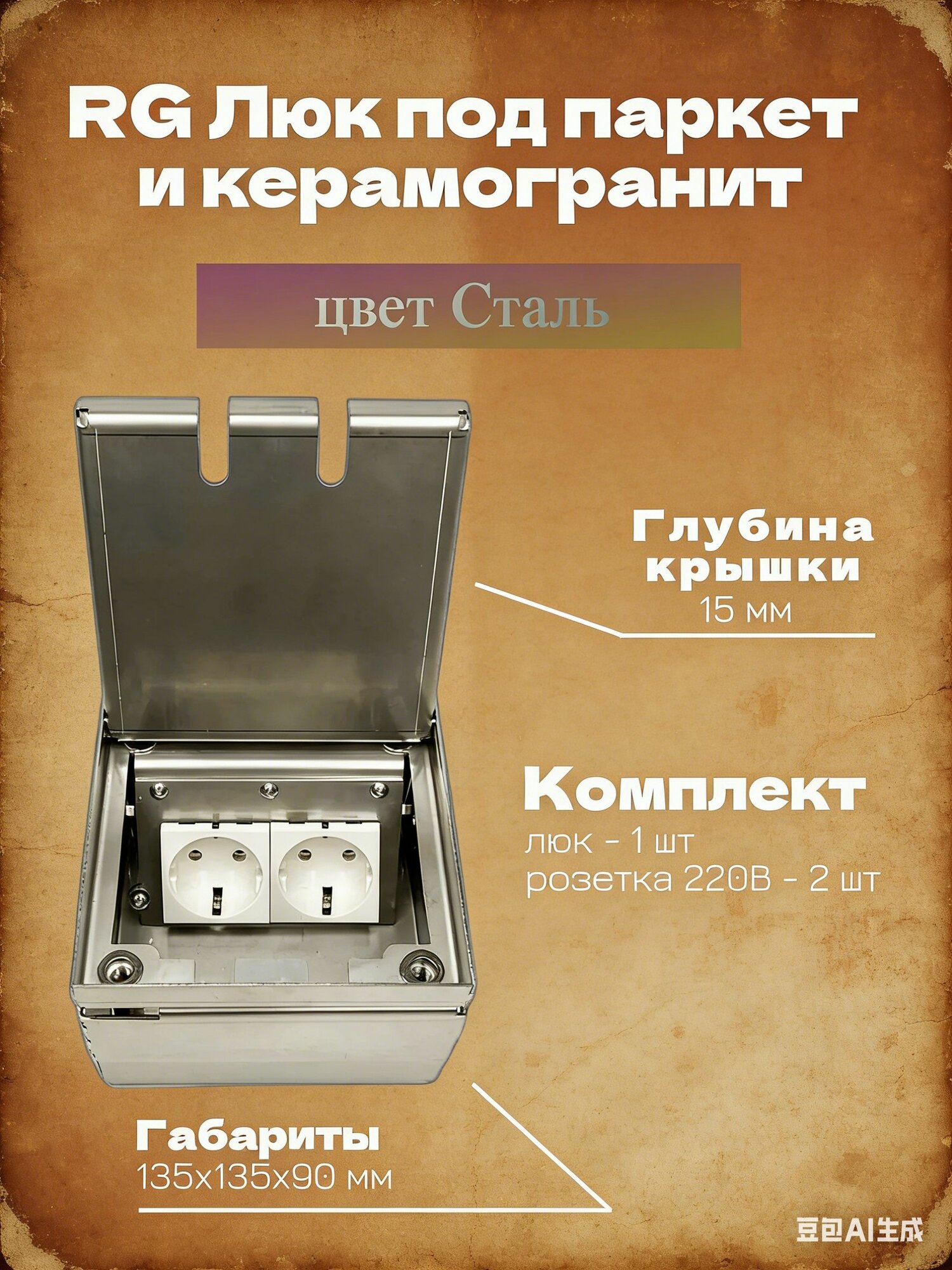 Розетки в пол (люк в пол), RG Люк под паркет и керамогранит на 2 розетки (в комплекте)