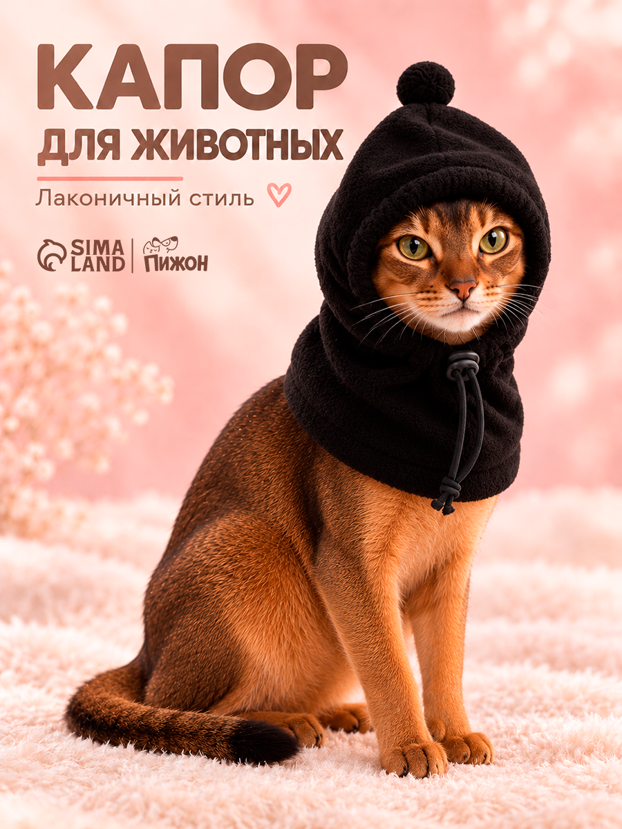 Капор для животных, размер S (высота 26, обхват 20.5 см), чёрный