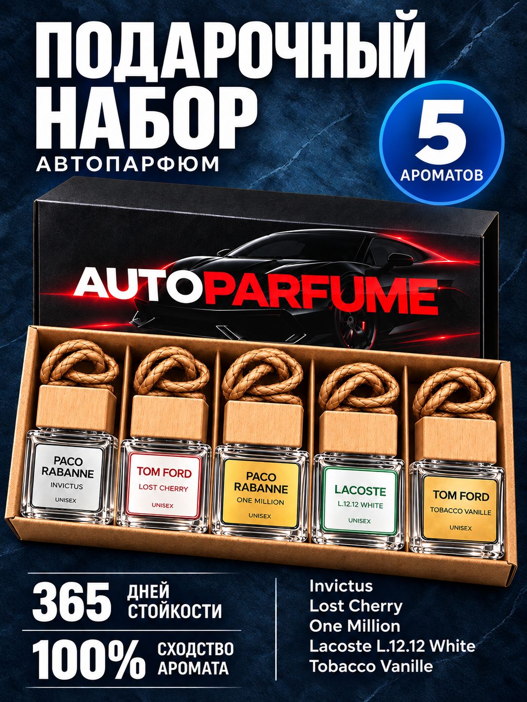 Ароматизатор для автомобиля, набор автопарфюма 5 шт. 7 мл, 5 ароматов, подарочный набор, Цветной