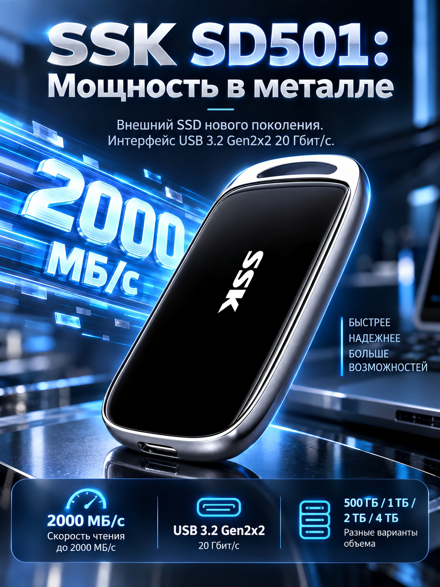 Портативный SSD SSK SD501, скорость до 2000 МБ/с, Type-C для ПК и смартфонов,1 ТБ