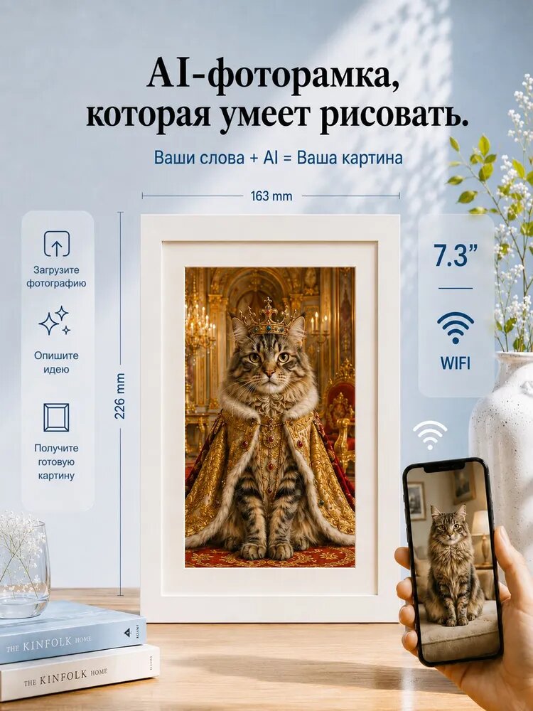 Цифровая умная фоторамка 7.3" с ИИ, экран E Ink электронная бумага, защита глаз, WiFi отправка фото, автономность до 1 года в режиме ожидания, оригинальный подарок KoKonna