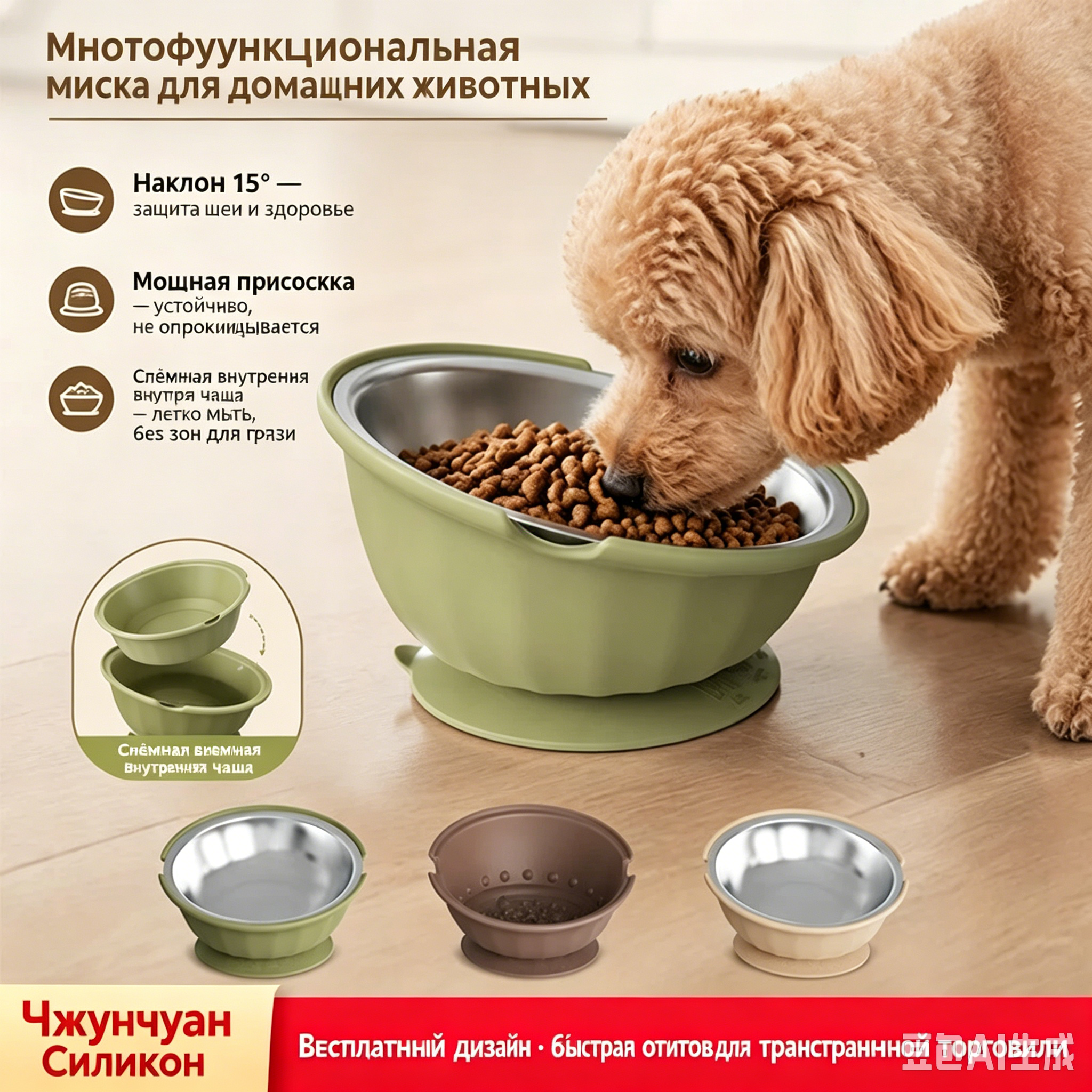 Миска для кошек и собак с силиконовой основой и чашей из нержавеющей стали, бежевая, С антипроскальзывающей присоской