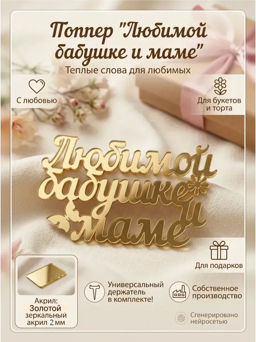 Топпер для торта "Любимой бабушке и маме", 1 шт, 1 уп.