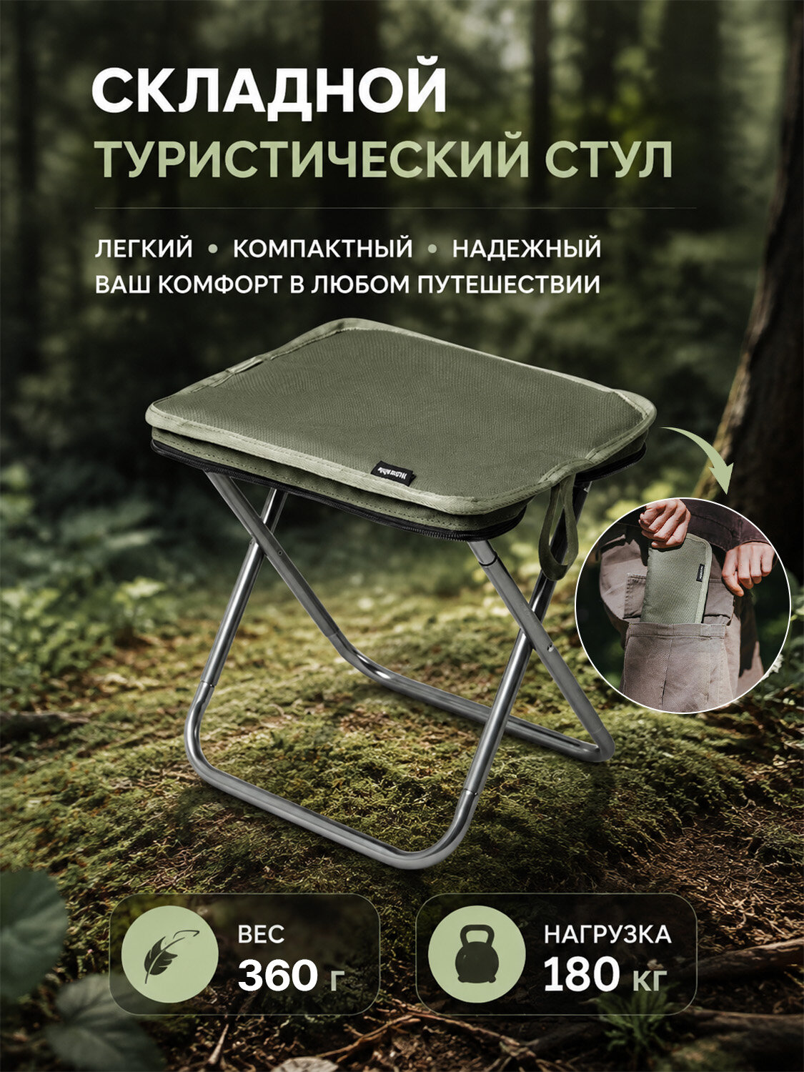 Naturehike Складной стул-табурет походный X-конструкция нагрузка 180 кг, вес 325 г, мягкое сиденье с чехлом, 4 шага складывания