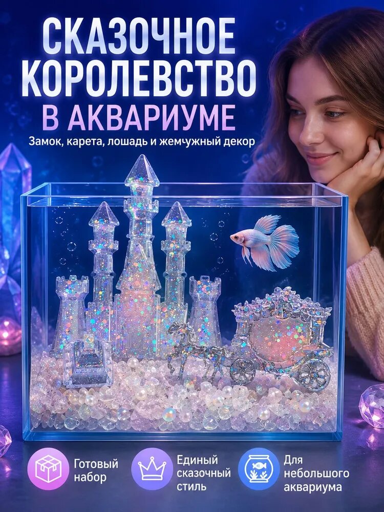Набор декора для аквариума Сказочное королевство : замок, карета, лошадь, трон, камни, жемчуг с блёстками