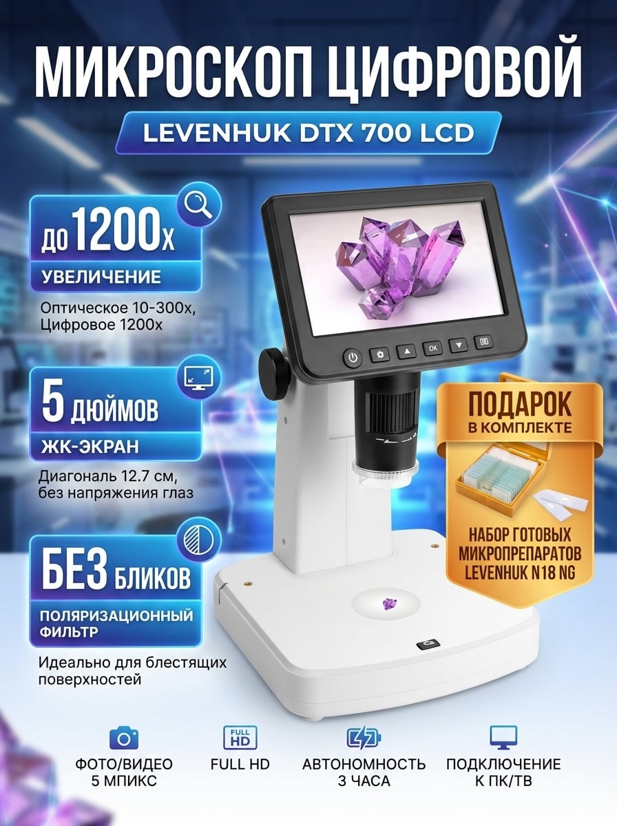 Микроскоп цифровой Levenhuk DTX 700 LCD в комплекте с набором готовых микропрепаратов Levenhuk N18 NG