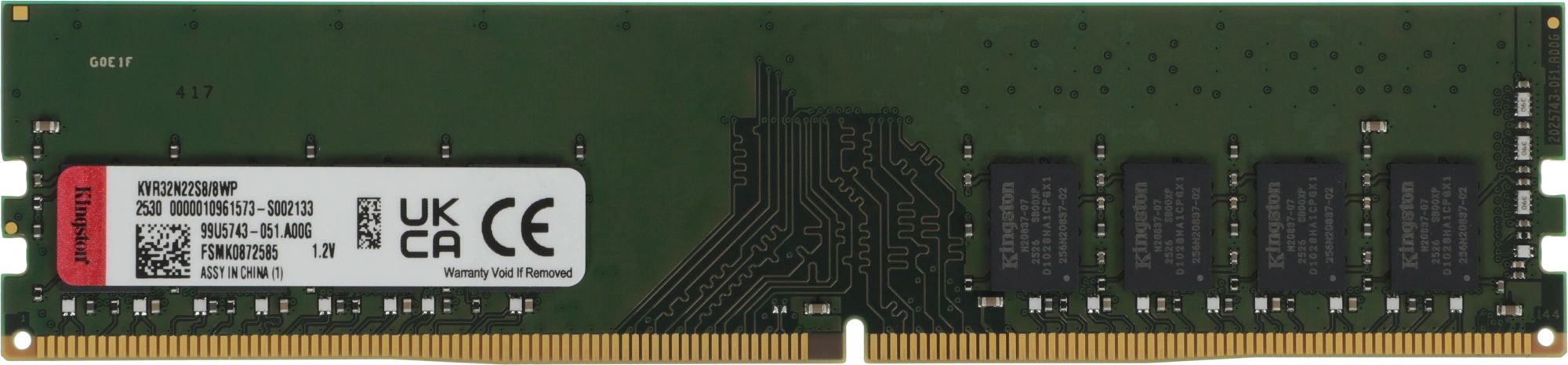 Оперативная память KVR32N22S8/8WP DDR4, 3200 МГц, 1 x 8 ГБ (KVR32N22S8/8WP)