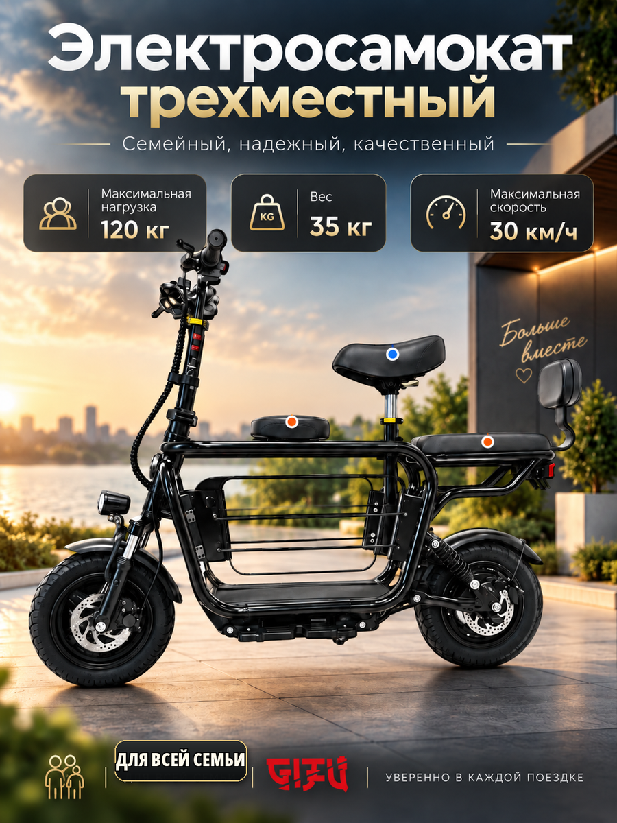 Электросамокат взрослый K8PRO, трехместный с сиденьем, 500 Вт, до 30 км/ч, до 32 км, для города и дачи