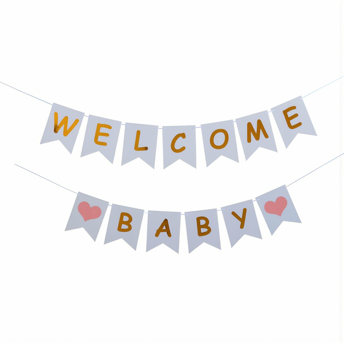 Бумажная гирлянда с надписью WELCOME BABY золотое тиснение голубые сердечки для детского праздника