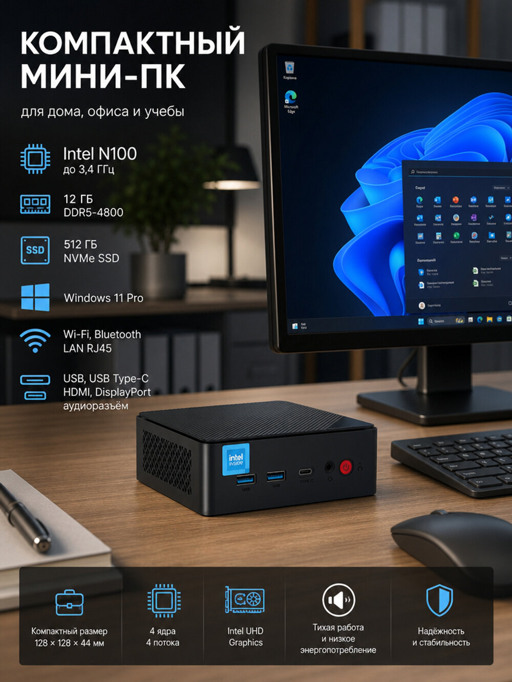 Компактный мини-ПК Intel N100, 12 ГБ DDR5, SSD 512 ГБ и Windows 11 Pro для дома, офиса и учебы