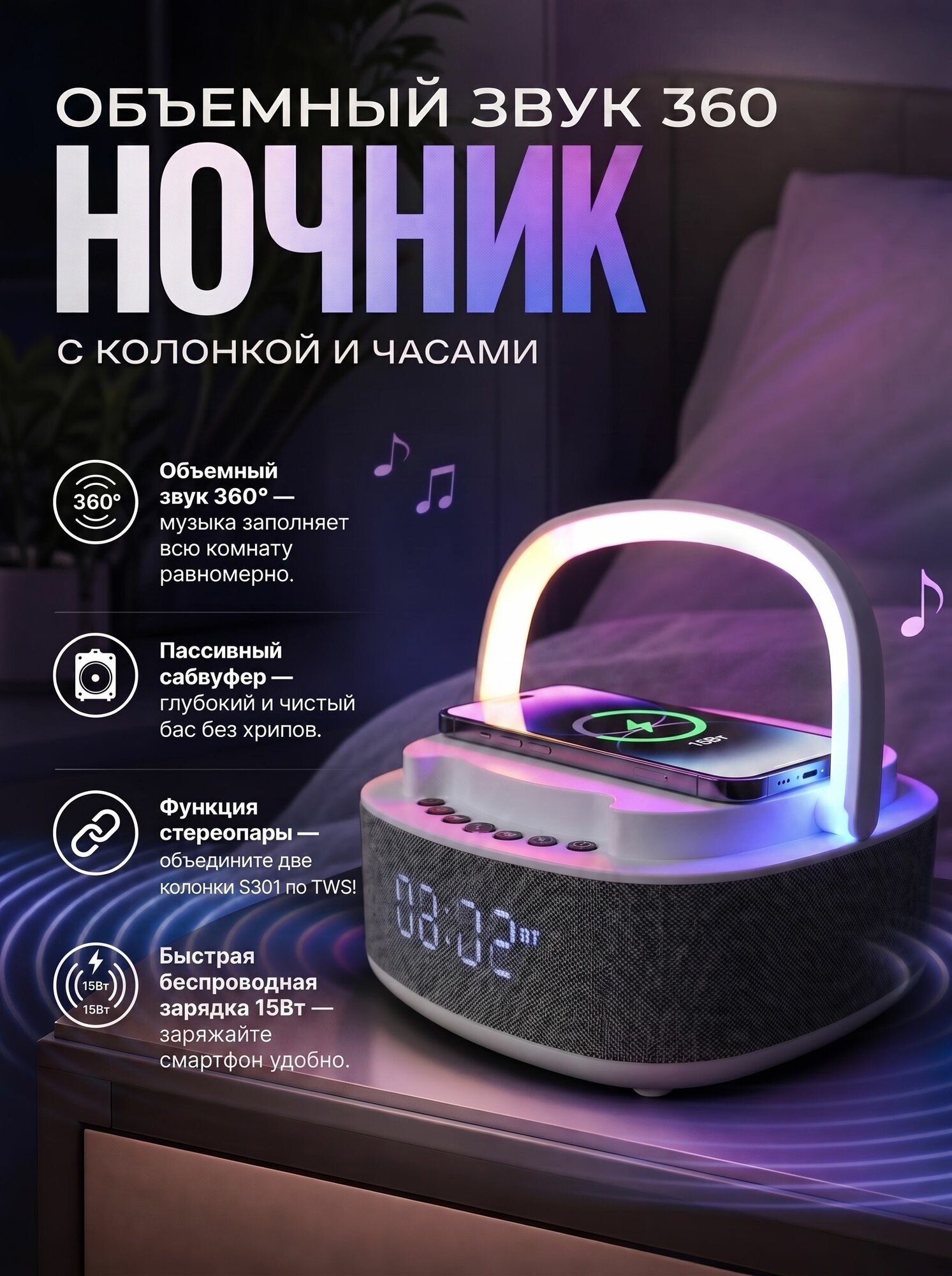Колонка-ночник 4в1: Bluetooth, беспроводная зарядка 15W, RGB-подсветка, часы с будильником. Премиальный подарок!