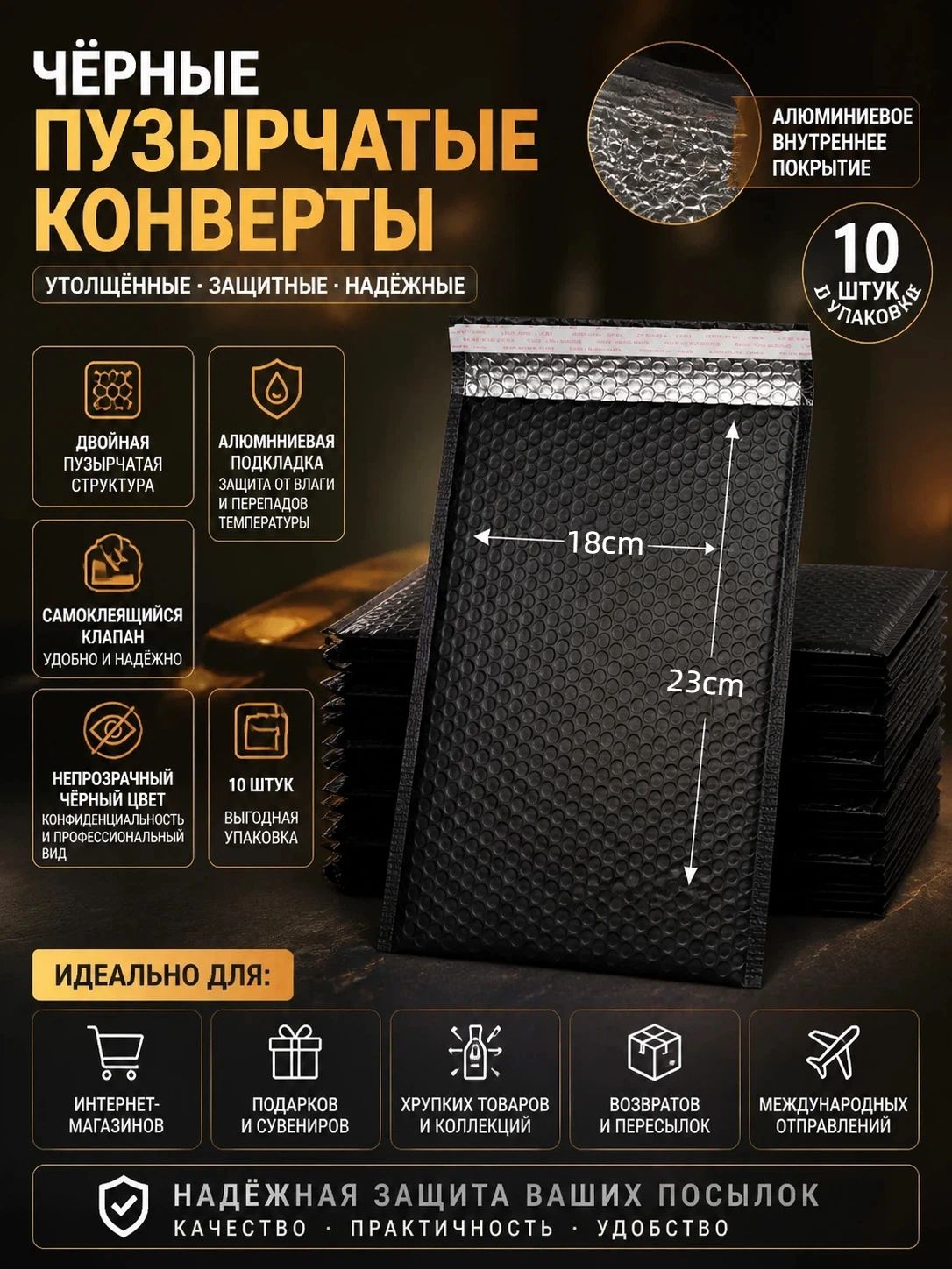Курьерский пакет из воздушно-пупырчатой пленки с клеевым клапаном. Пакет с пупыркой. 18х23+4 см, 10шт. в упаковке
