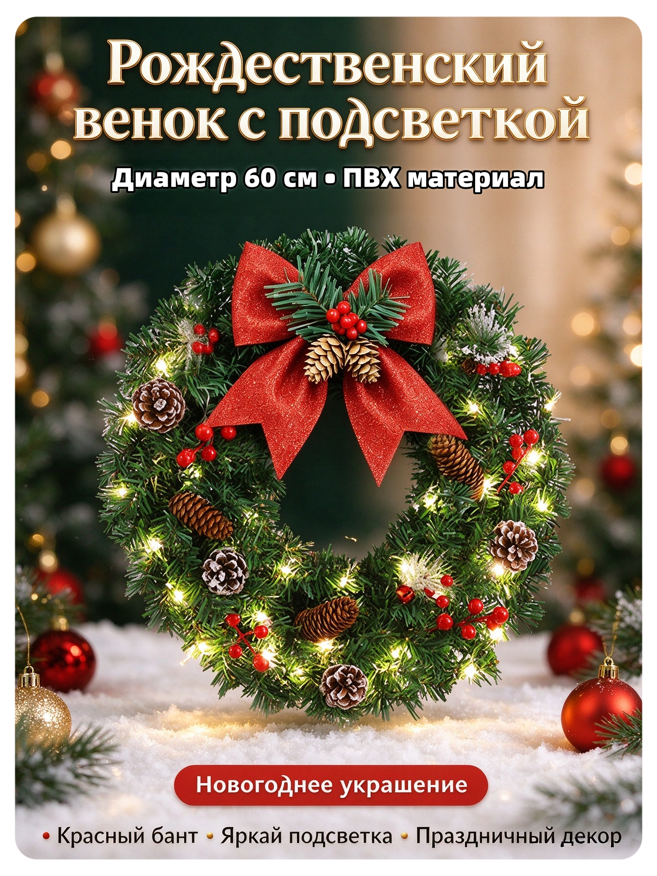 Рождественский венок，Рождественский венок из лозы，диаметр 60 см, (С гирляндой)