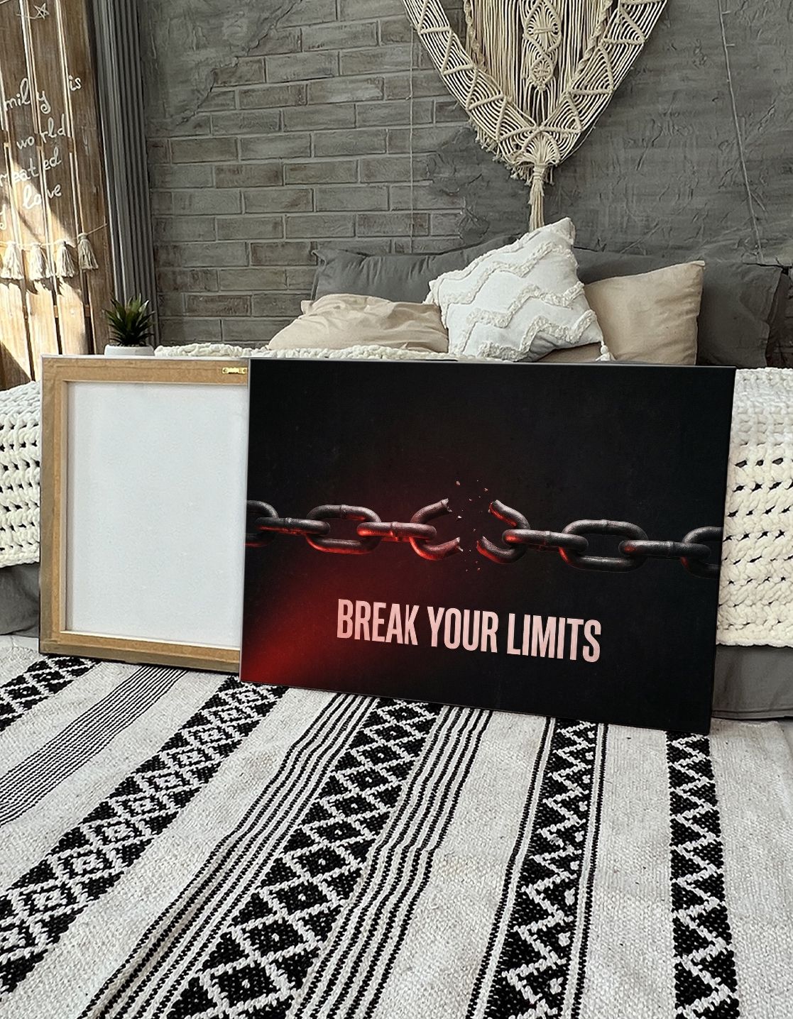 Картина на холсте (разорванная цепь, Break Your Limits, мотивация, цепи, разрыв, красное свечение, черный фон) 40x60 см. Интерьерная на стену. Украшение