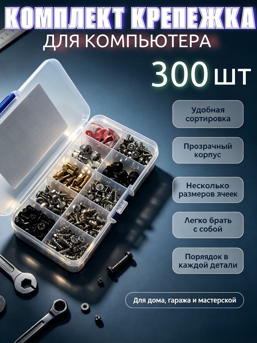 Комплект крепежа для компьютера 300шт. Десять типов универсальных винтов. фурнитура для ремонта ПК и крепления материнской платы