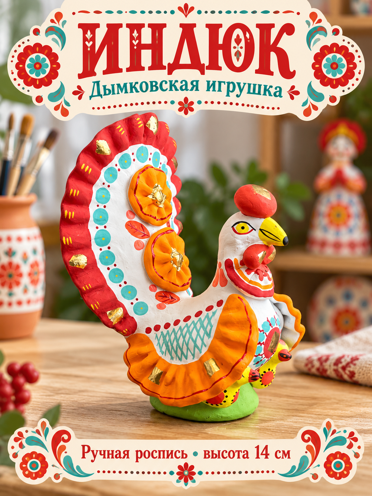 Дымковская игрушка Индюк , высота 14 см, шикарная ручная роспись, Киров-Вятка, винтаж 1980-1990 гг, СССР