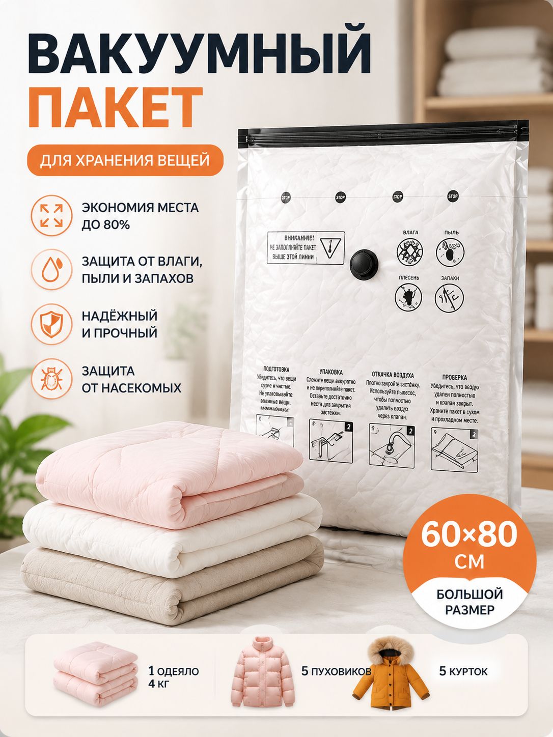 Вакуумный пакет для хранения вещей 60 80 см, большой компрессионный мешок с клапаном, пакеты для одежды, одеял и пуховиков, защита от влаги и пыли