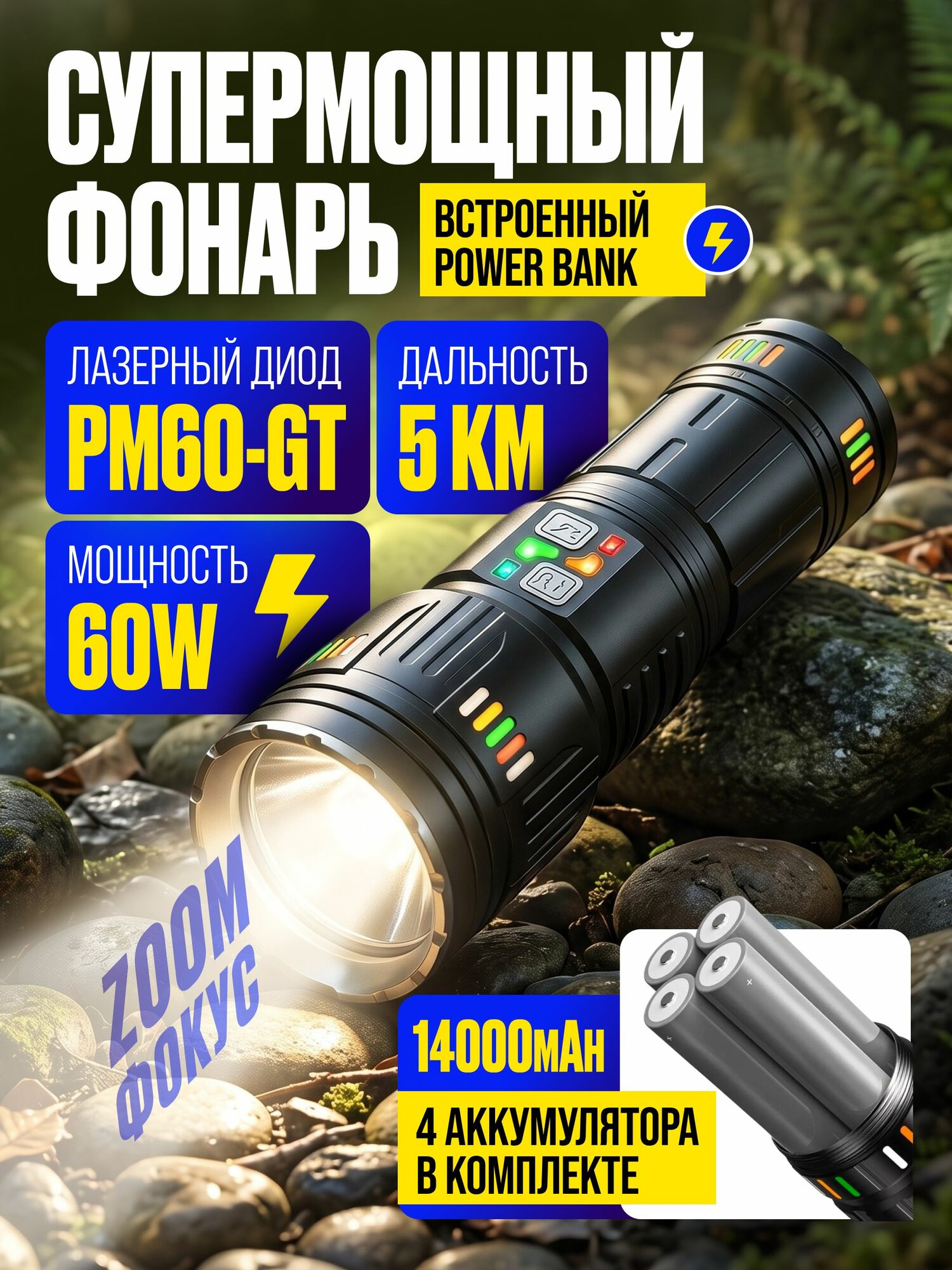 Фонарь аккумуляторный ручной мощный лазерный светодиод, ZOOM, PowerBank