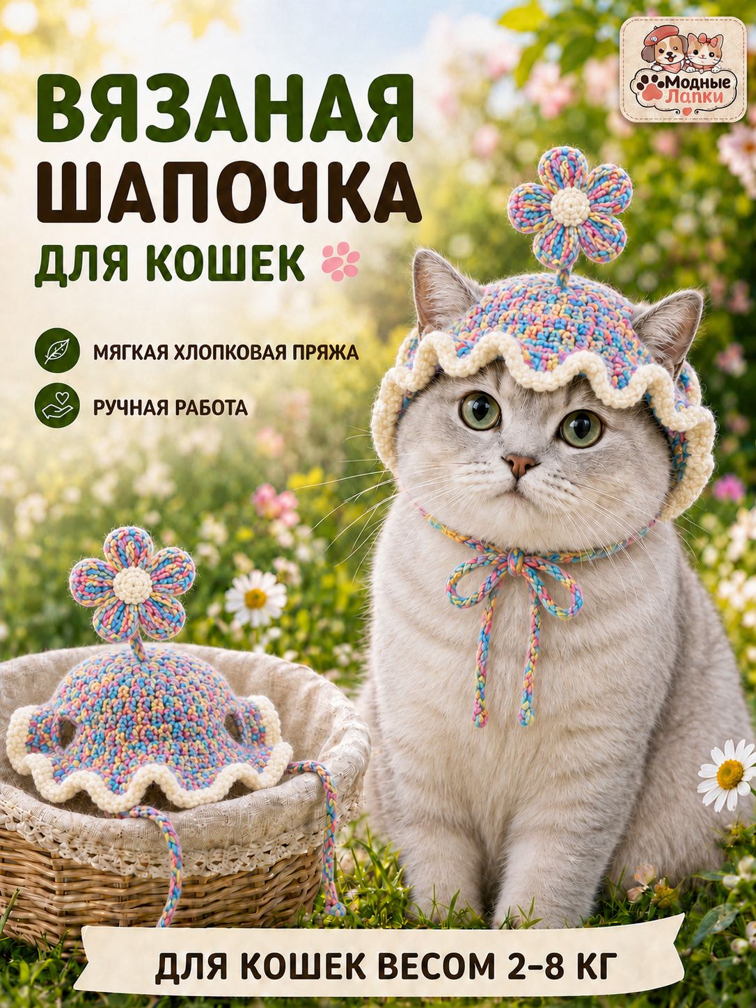 Вязаная шапка для кошек и собак с цветком, розовый, с отверстиями для ушей, универсальный размер