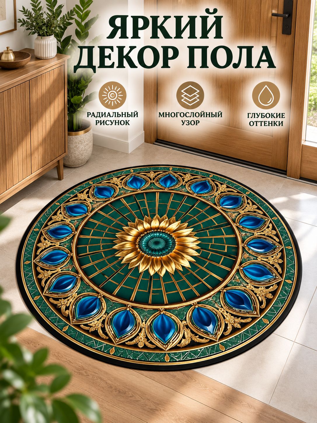 AHZ Коврик придверный 50x80 см 10 мм цветы темно-синий, темно-зеленый